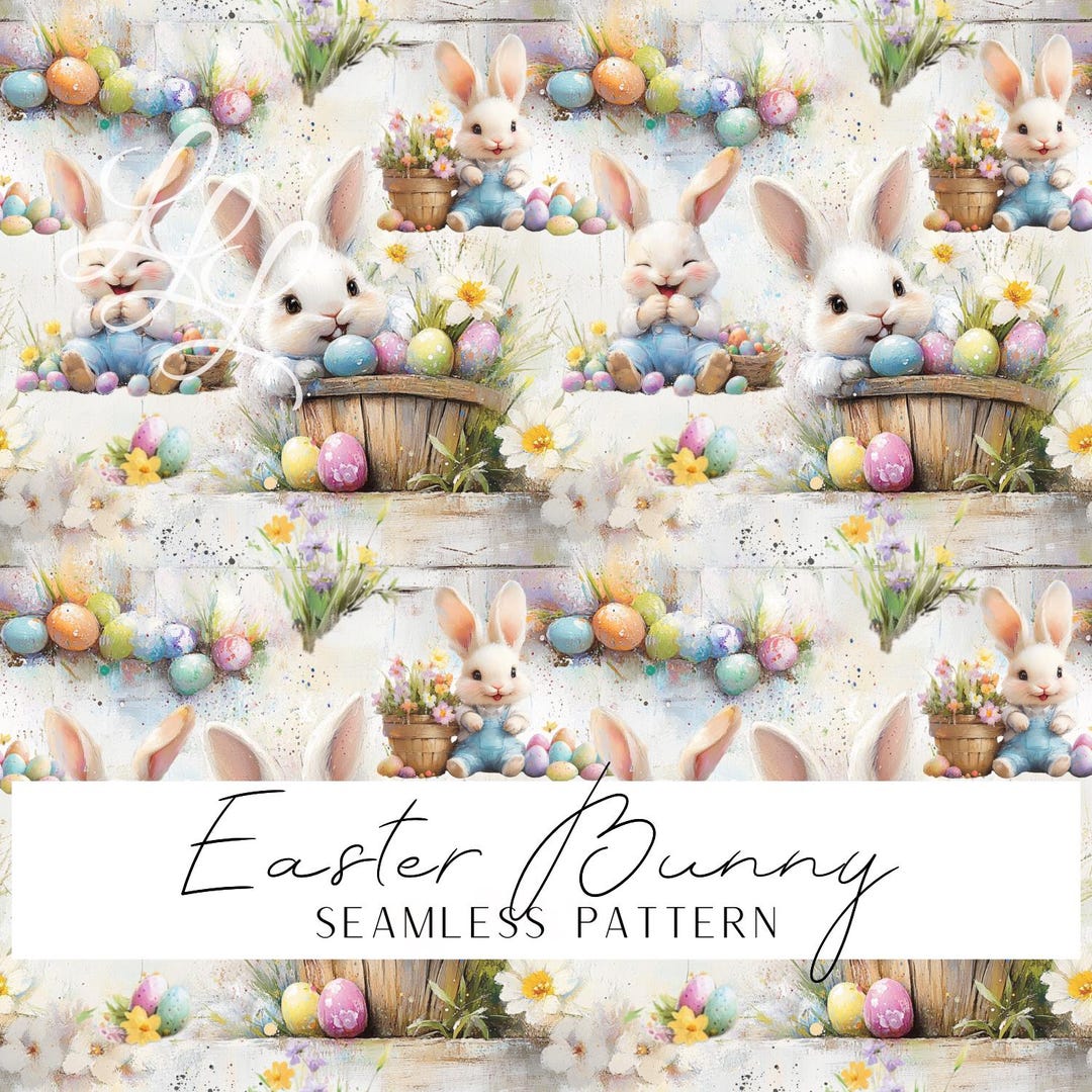 Cute Easter Bunny Seamless Pattern Pastel Eggs, Spring Flowers ...