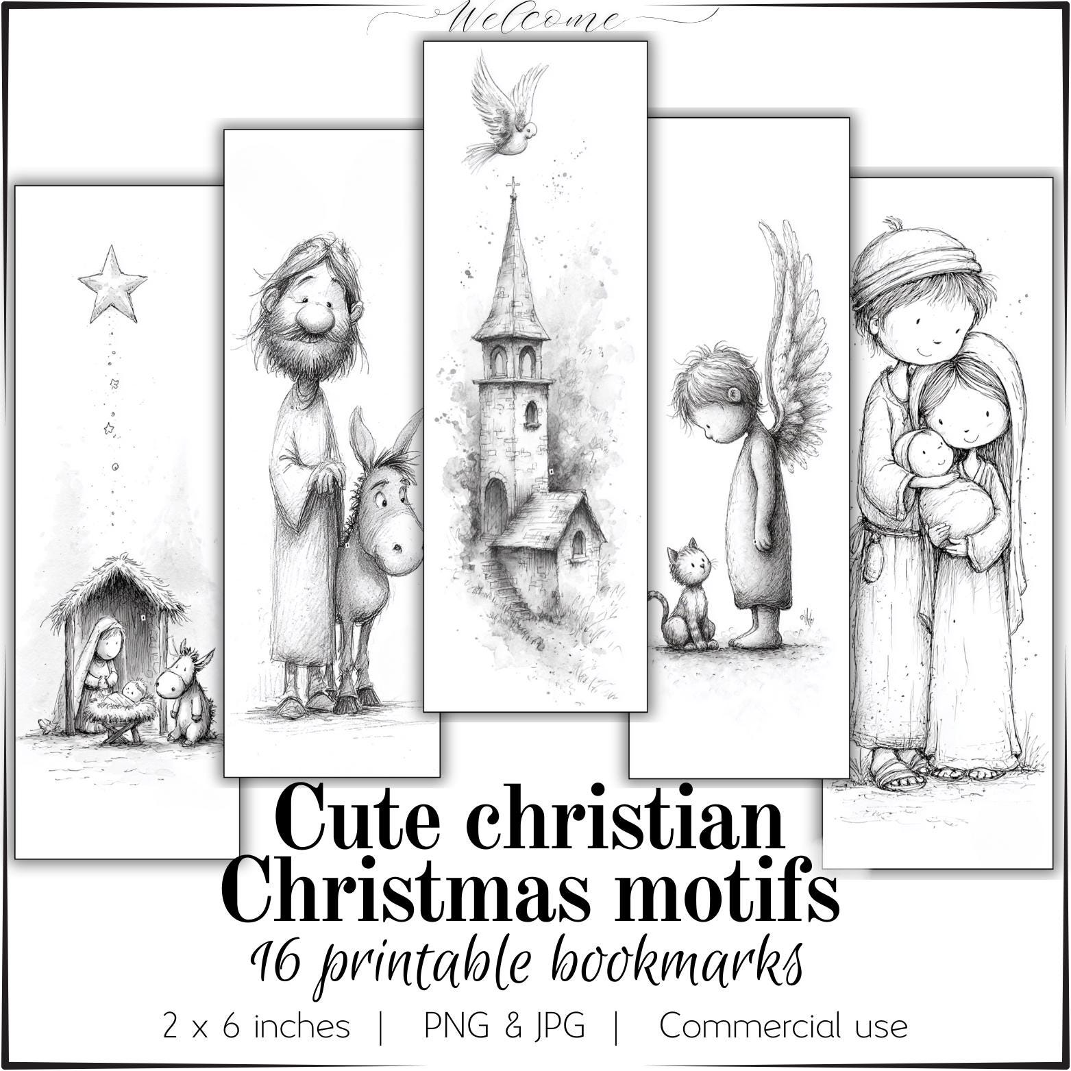 16 Christian Christmas Motif Bookmarks in Black and White for Printing ...