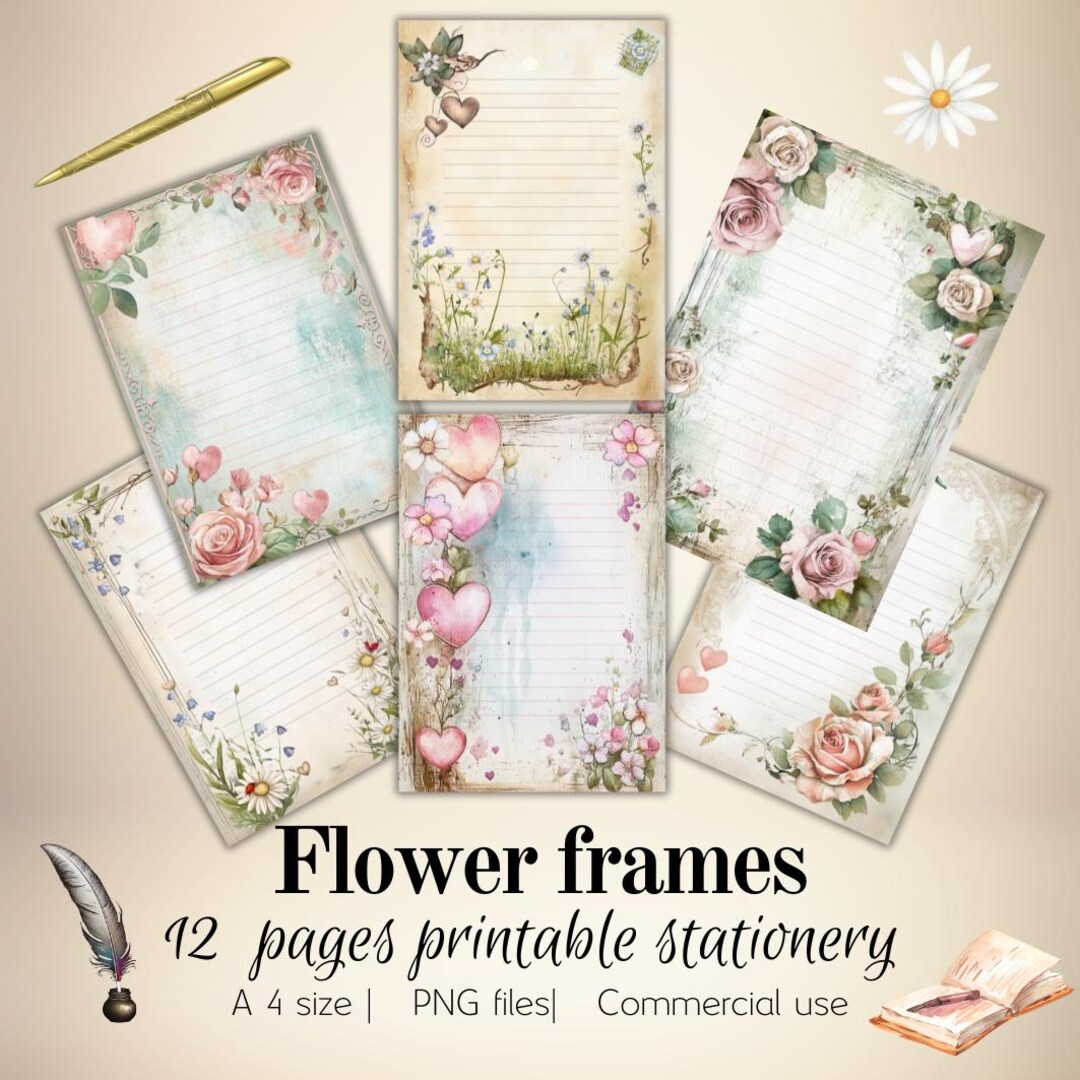 Flower Frame Letter Papers, Printable Stationery, a 4 Size, PDF Instant ...
