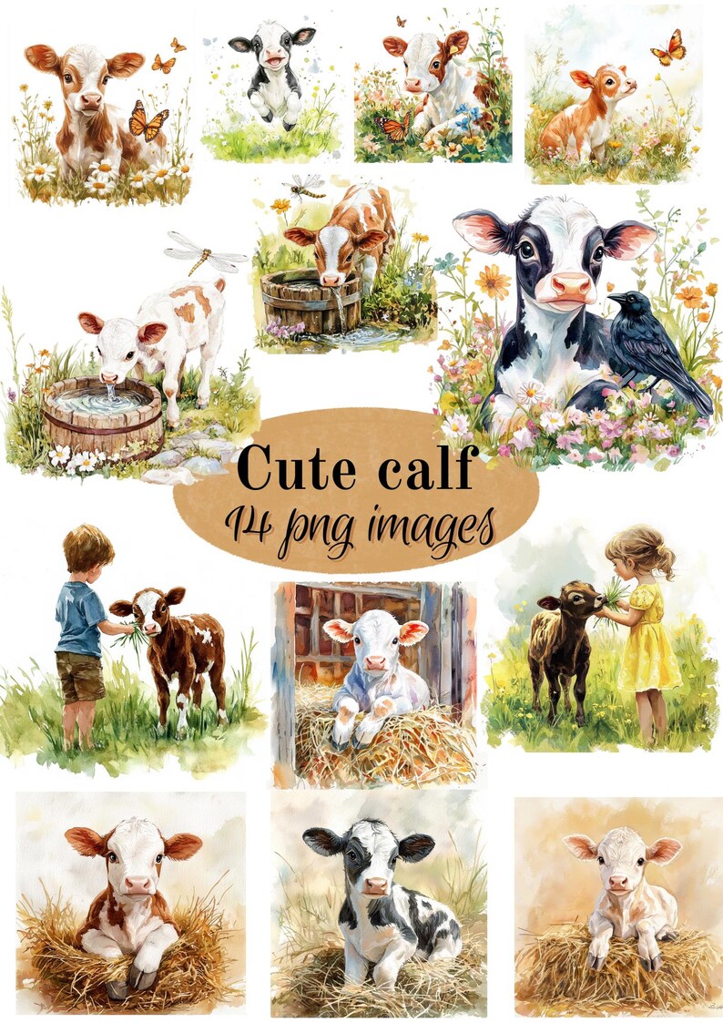Cute Calf Clipart, PNG Bundle, Watercolor Style Illustrations ...
