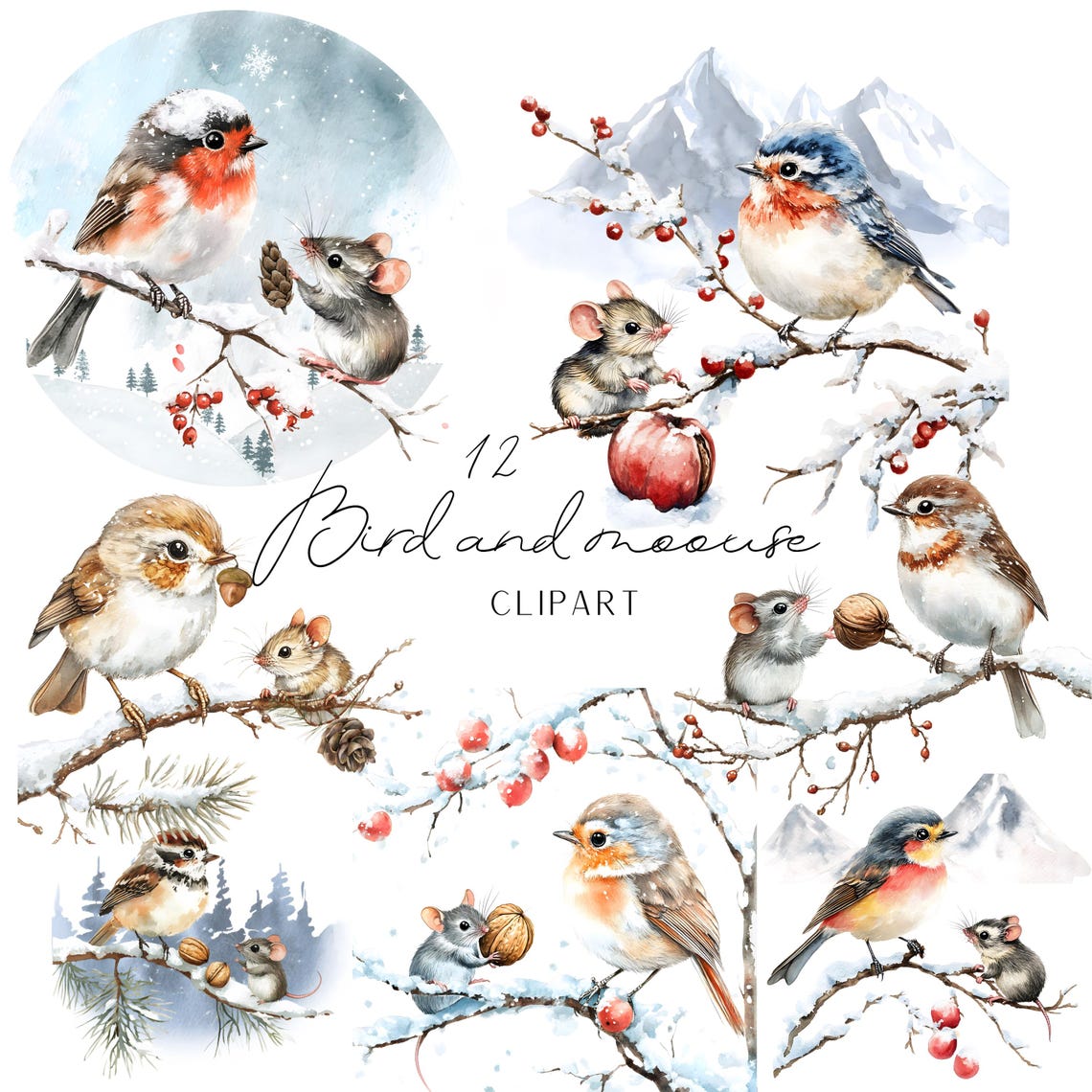 Bird and Mouse Watercolor Clipart. Winter Wonderland and Classic ...