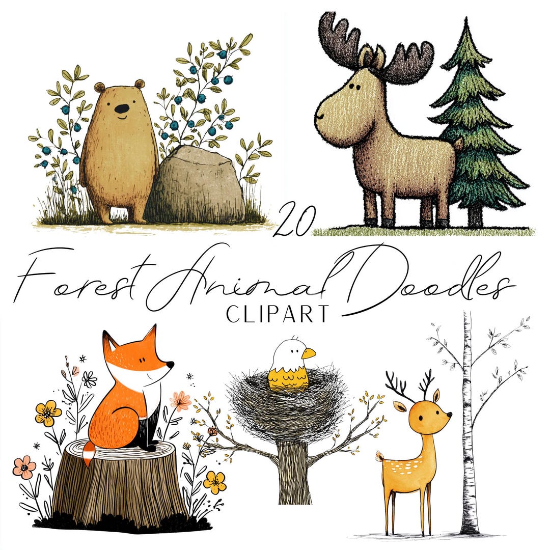 Forest Animals Clipart Bundle, Woodland Animal Doodle Clipart, Bear Fox ...