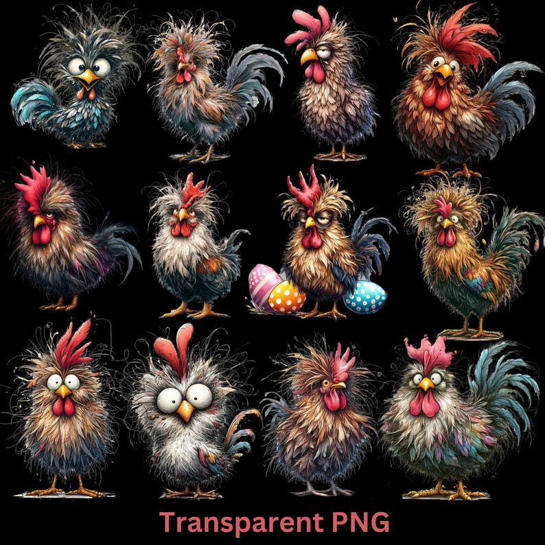 12 Whimsical Easter Roosters, Funny Easter Clipart, Digital Download ...