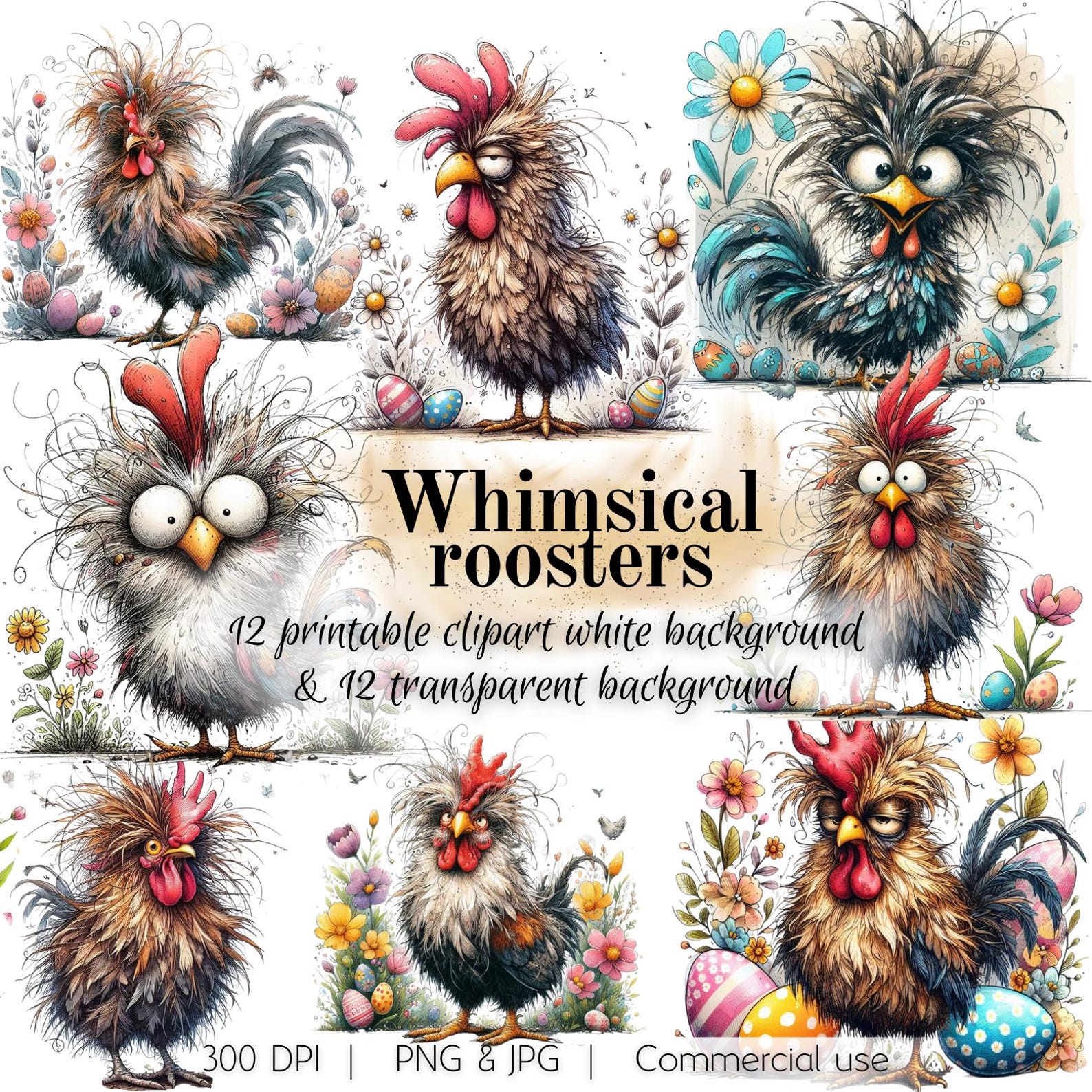 12 Whimsical Easter Roosters, Funny Easter Clipart, Digital Download ...
