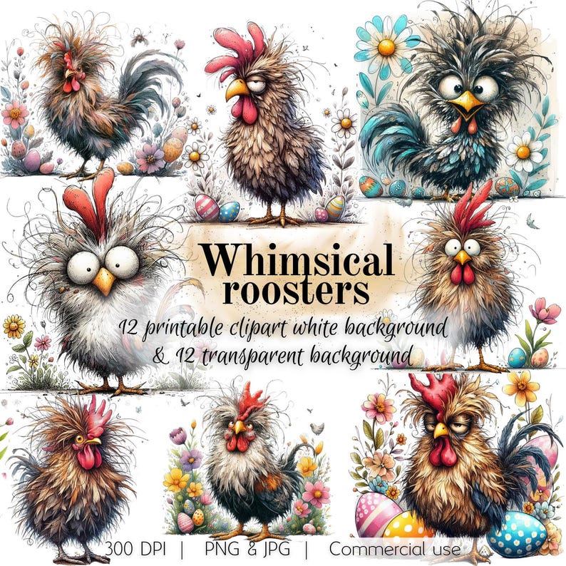 12 Whimsical Easter Roosters, Funny Easter Clipart, Digital Download ...