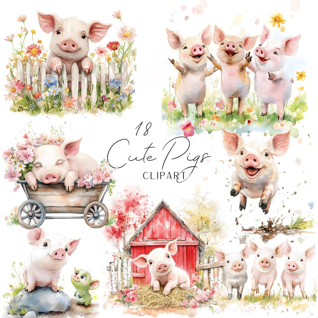 Cute Pigs Clipart, PNG Bundle, Watercolor Style Illustrations ...