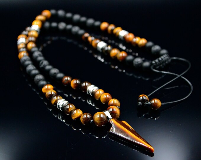 Men's Tiger's Eye Arrow Pendant Necklace Long Beaded | Etsy