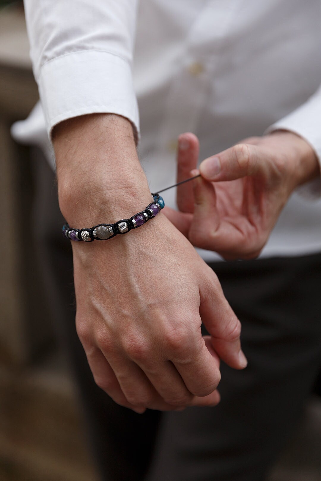 Men's Amethyst Apatite Crystal Bracelet, Labradorite Steel Beaded ...