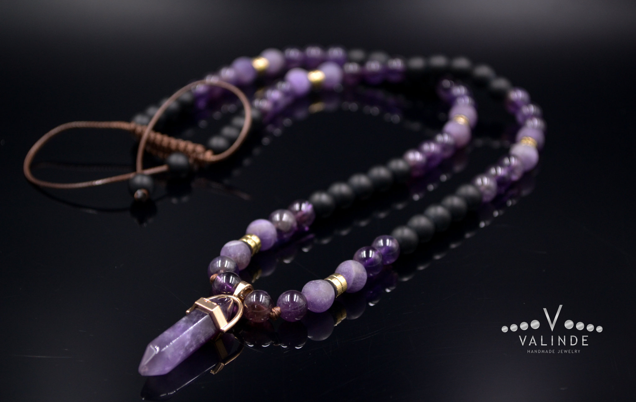 Men s Amethyst Crystal Necklace Long Beaded Necklace Amethyst Pendant Necklace Gift for Men Adjustable unisex Necklace Man Stone Necklace