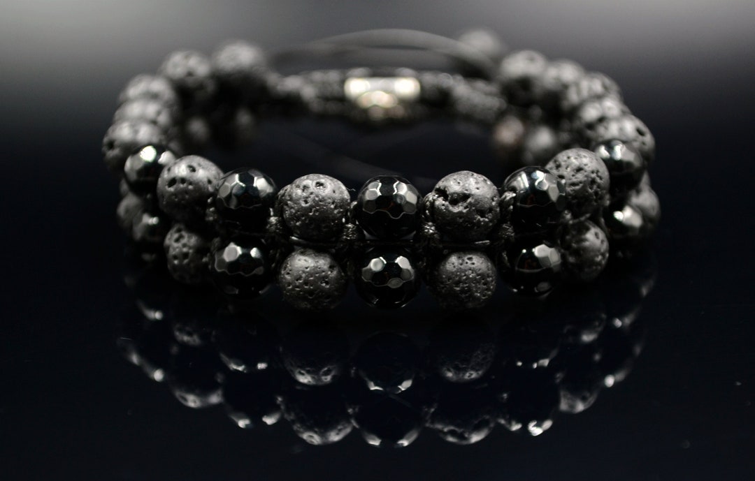 Lava Stone Double Bracelet for Men Men's Bracelet Black Agate Bracelet ...