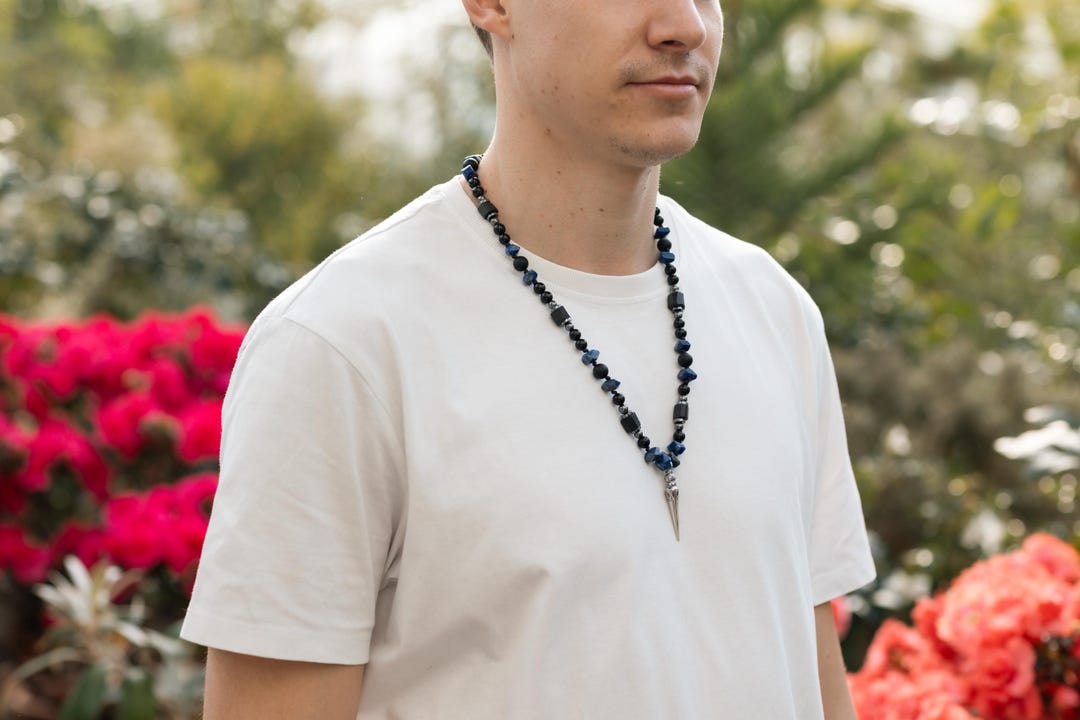 Men's Lapis Lazuli Raw Tourmaline Necklace, 925 Sterling Silver Pendant ...