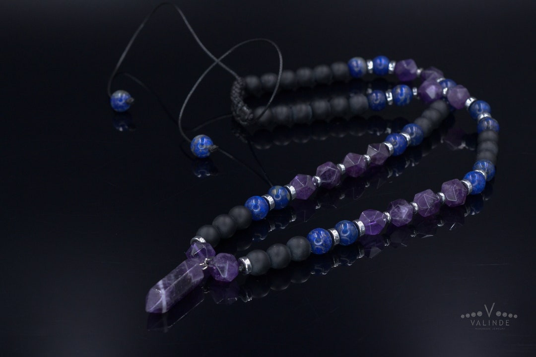 Men's Amethyst & Lapis Lazuli Gemstone Necklace - Gift for Men - Short ...