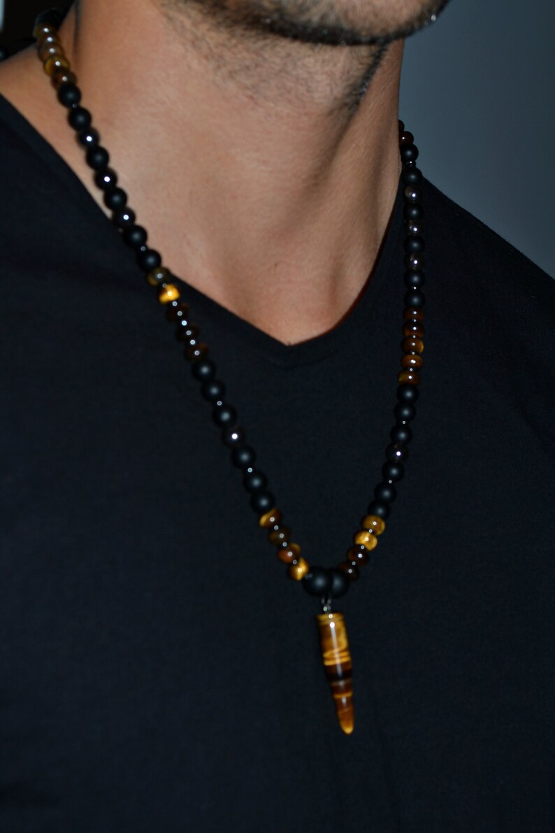 Men's Tiger's Eye Pendant Necklace Black Onyx Necklace | Etsy