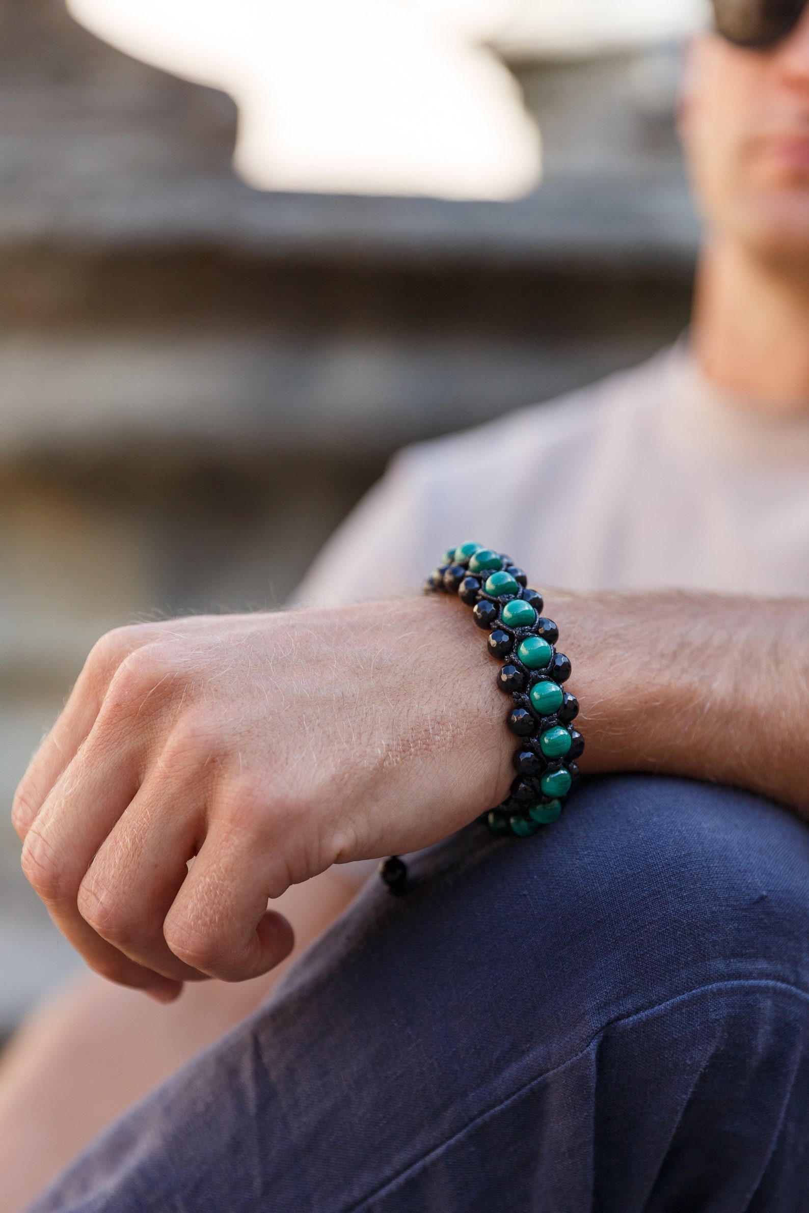 Genuine Malachite Triple Bracelet - Men's Three Rows Adjustable ...