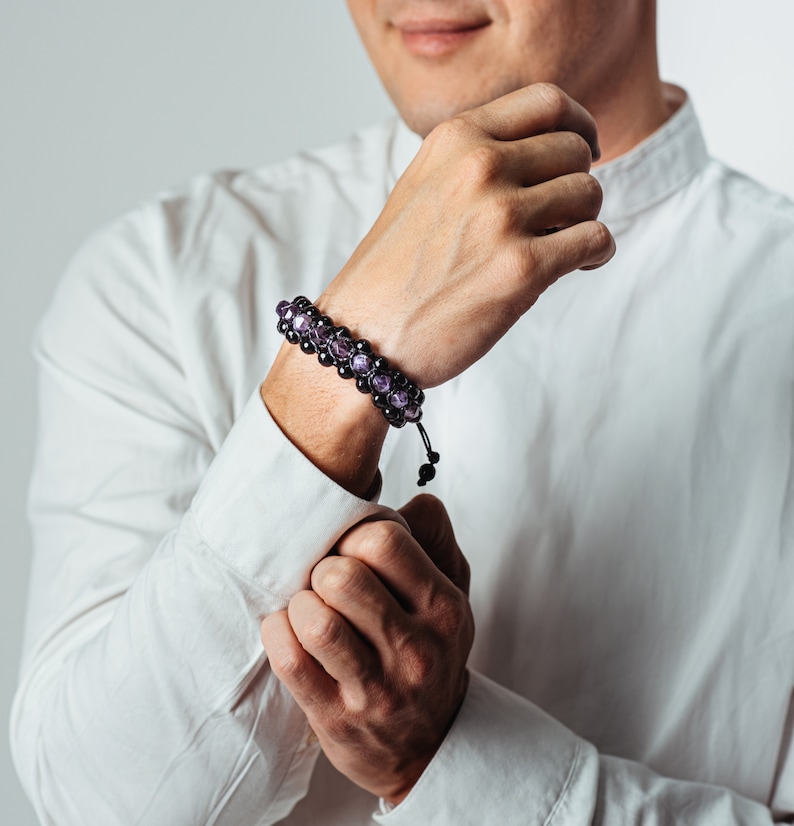 Amethyst Crystal Bracelet Men's 3 Row Bracelet Black Agate - Etsy