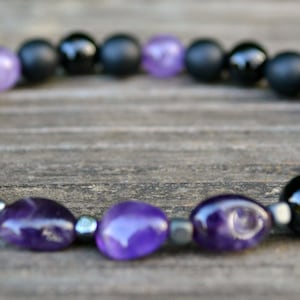 Men's Amethyst Bracelet Beaded Bracelet Black Agate Bracelet Gemstone ...