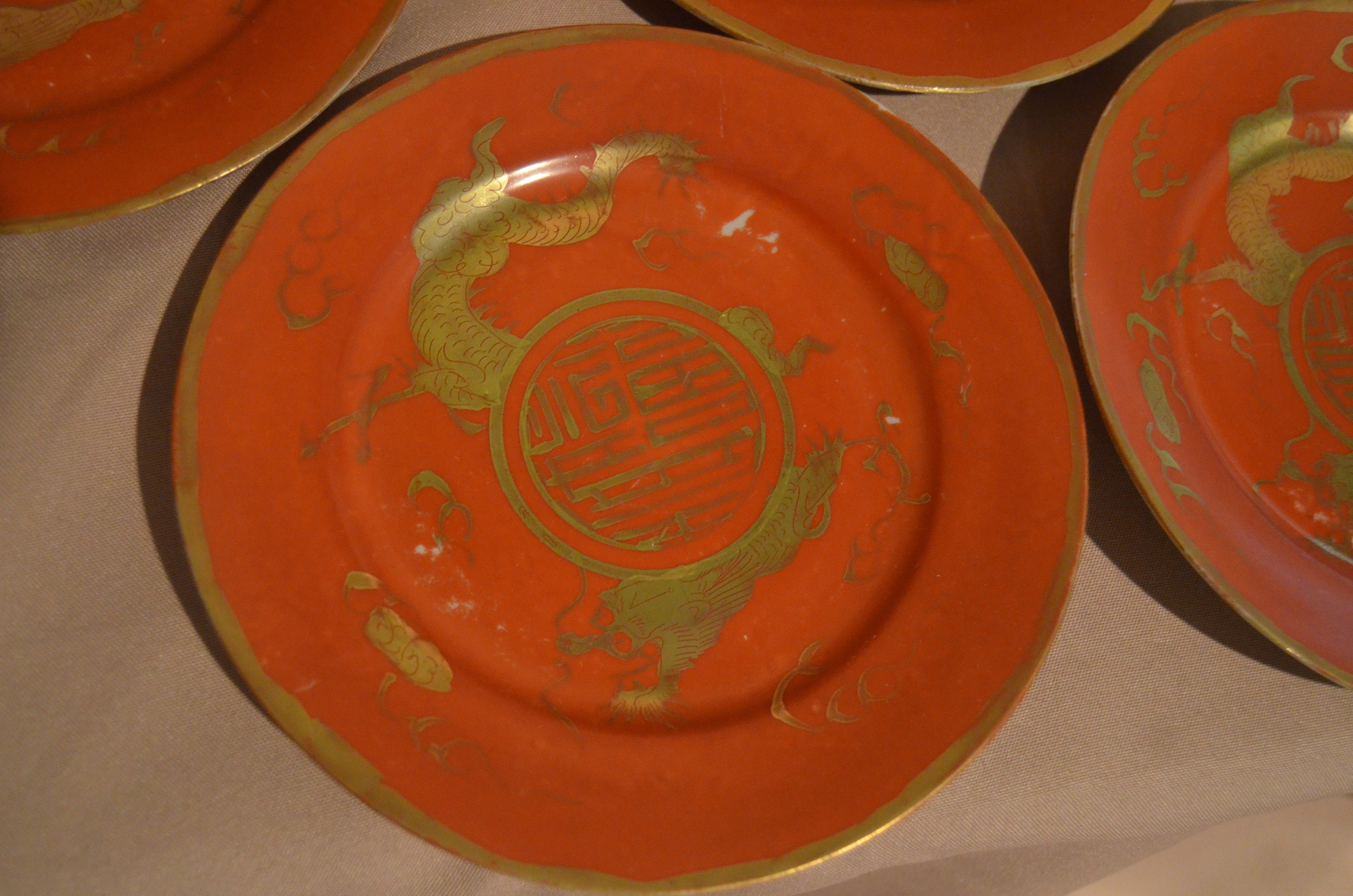 Vintage Red Enamel Porcelain Set of 6 Plates and 1 Saucer, Gold Painted ...