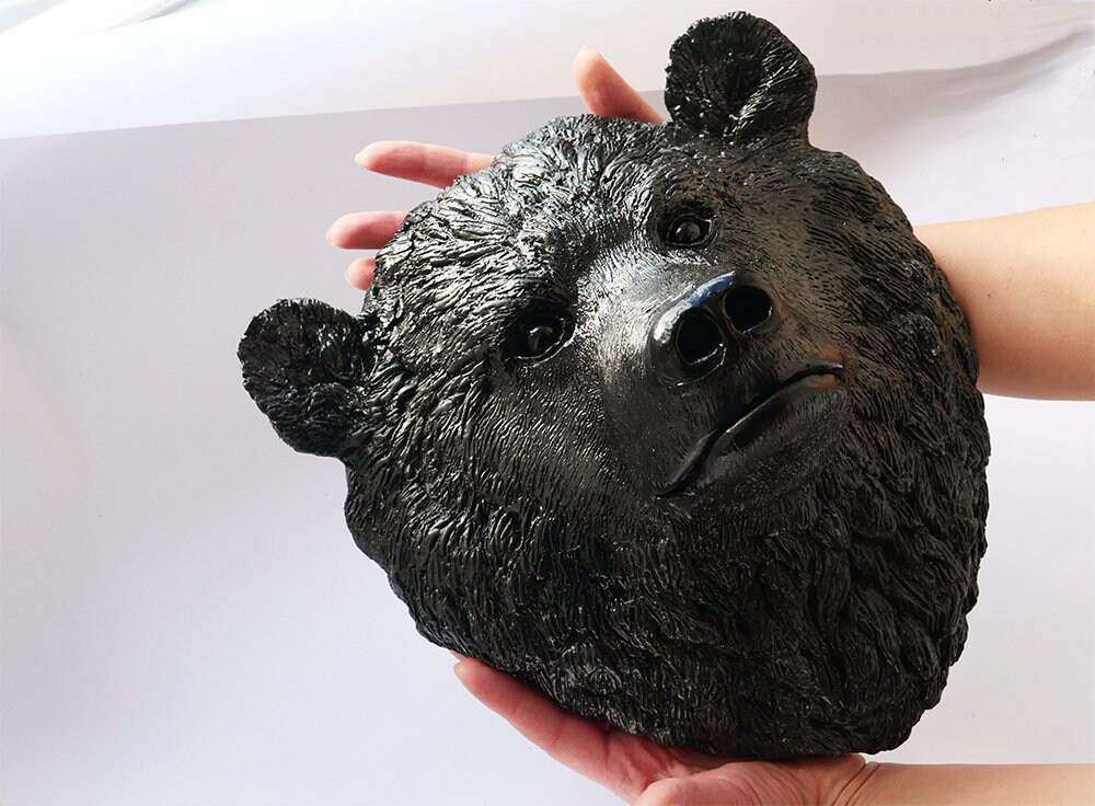 ORIGINAL Black Bear Head Sculpture, Large Black Grizzly Bear, Decor ...