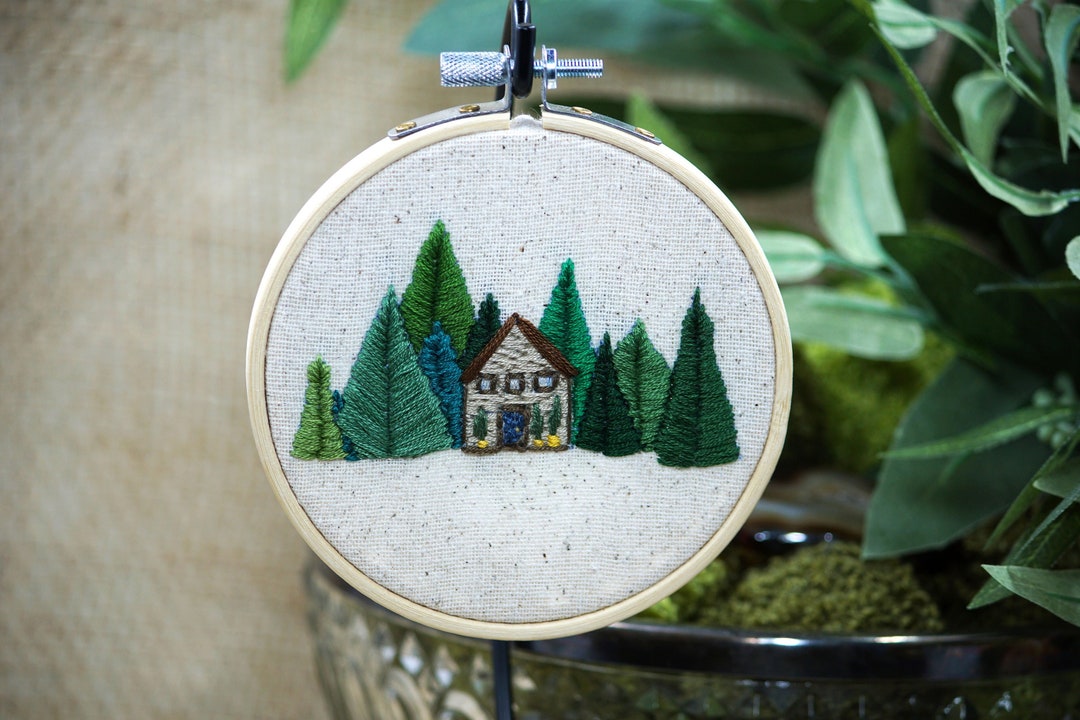 CABIN in the WOODS LANDSCAPE Embroidery Art Embroidered Cabin ...