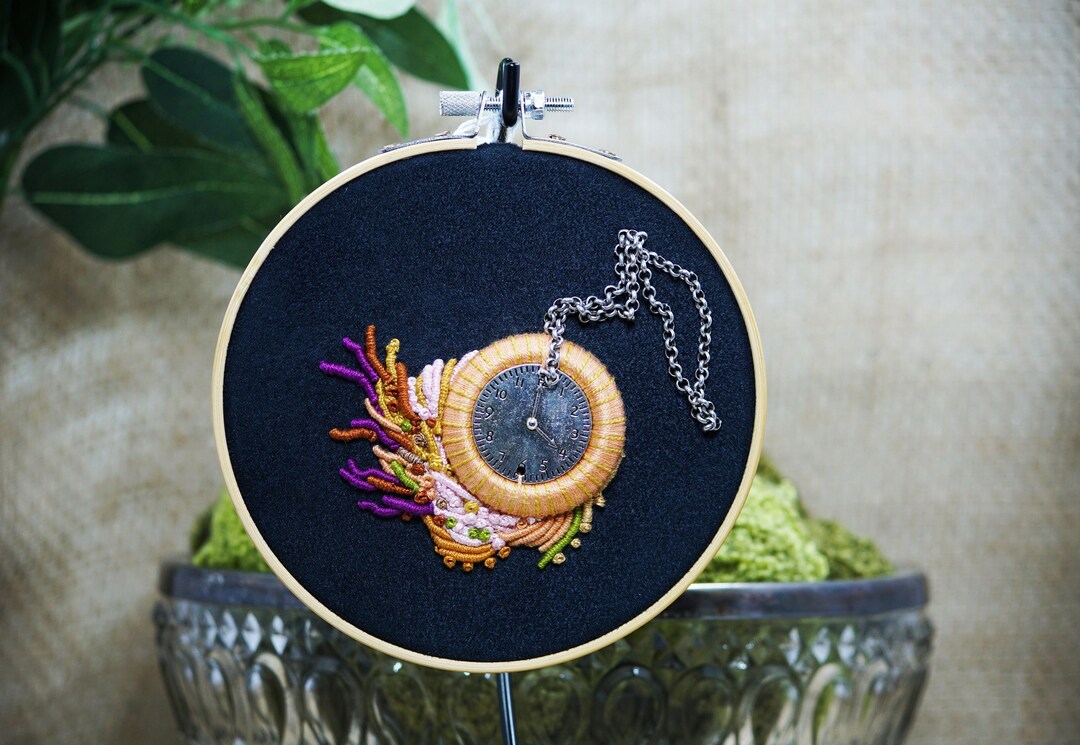 Embroidered Pocket Watch Art: 3D Textile Wall Hanging - Etsy