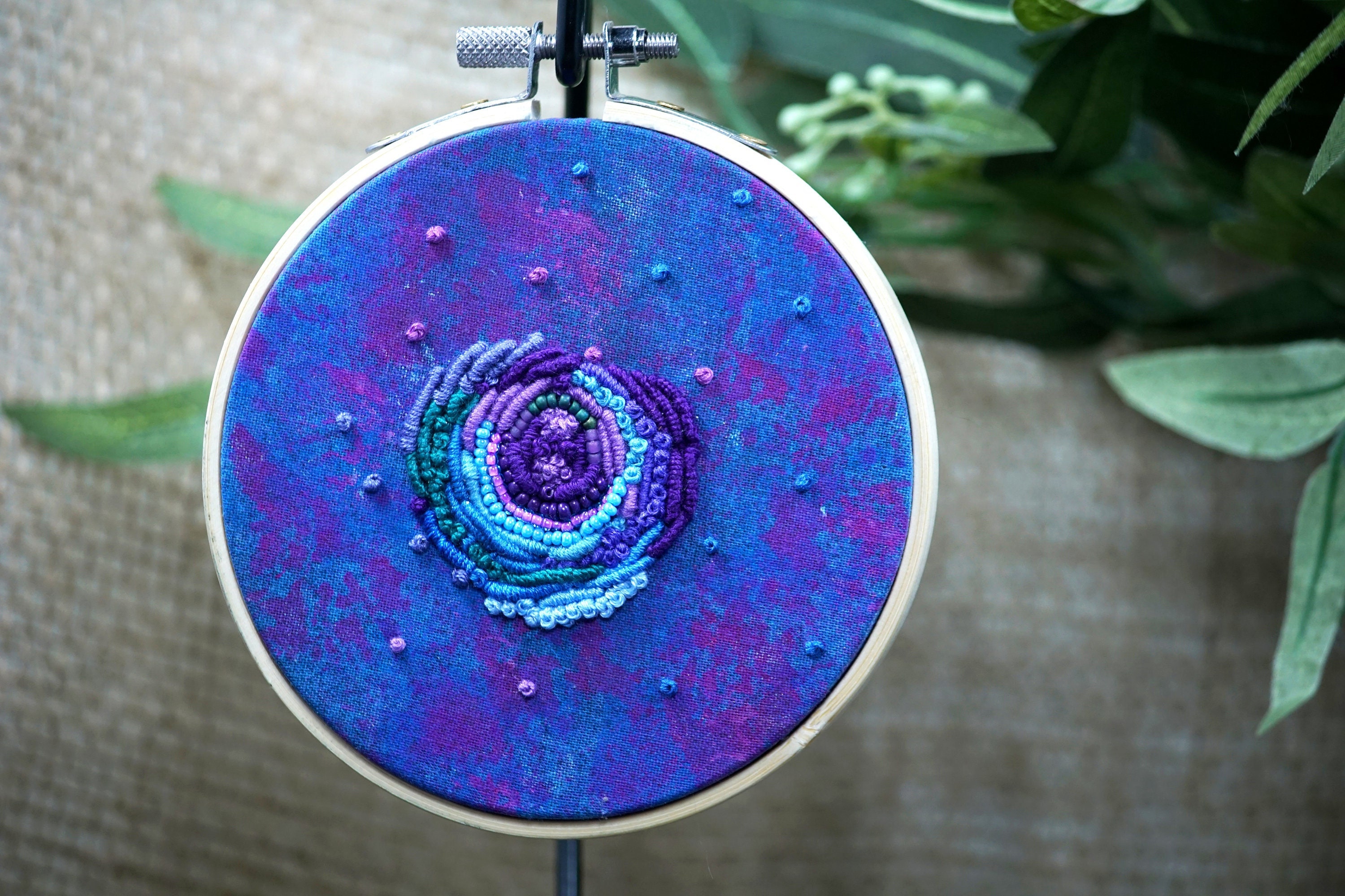 Purple & Blue Galaxy Embroidery Art: Beaded Fiber Art, 4.5-inch - Etsy