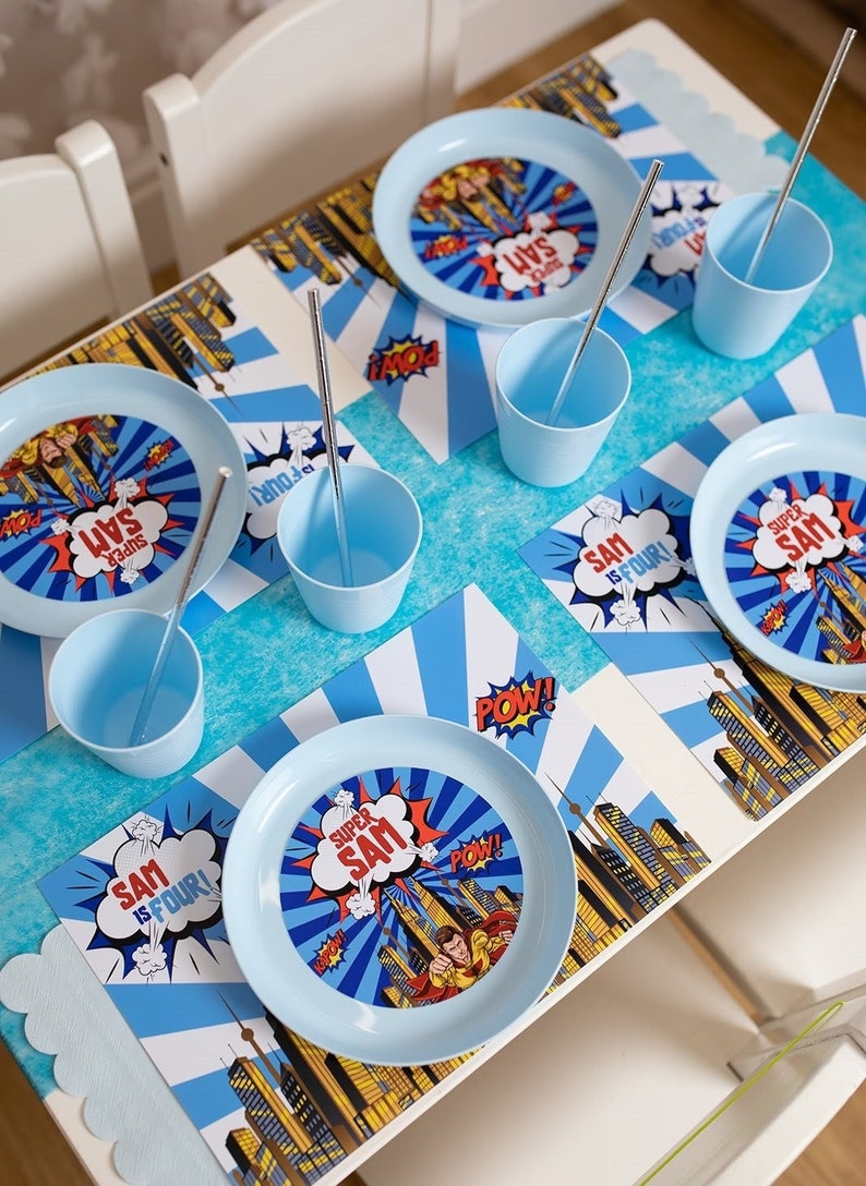 SUPERHERO Personalised Placemat Picnic Birthday Sleepover Party Favour ...
