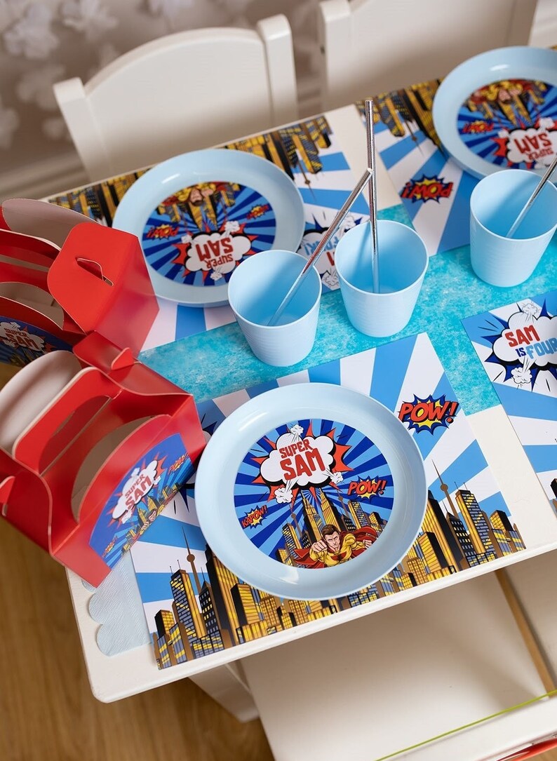 SUPERHERO Personalised Placemat Picnic Birthday Sleepover Party Favour ...