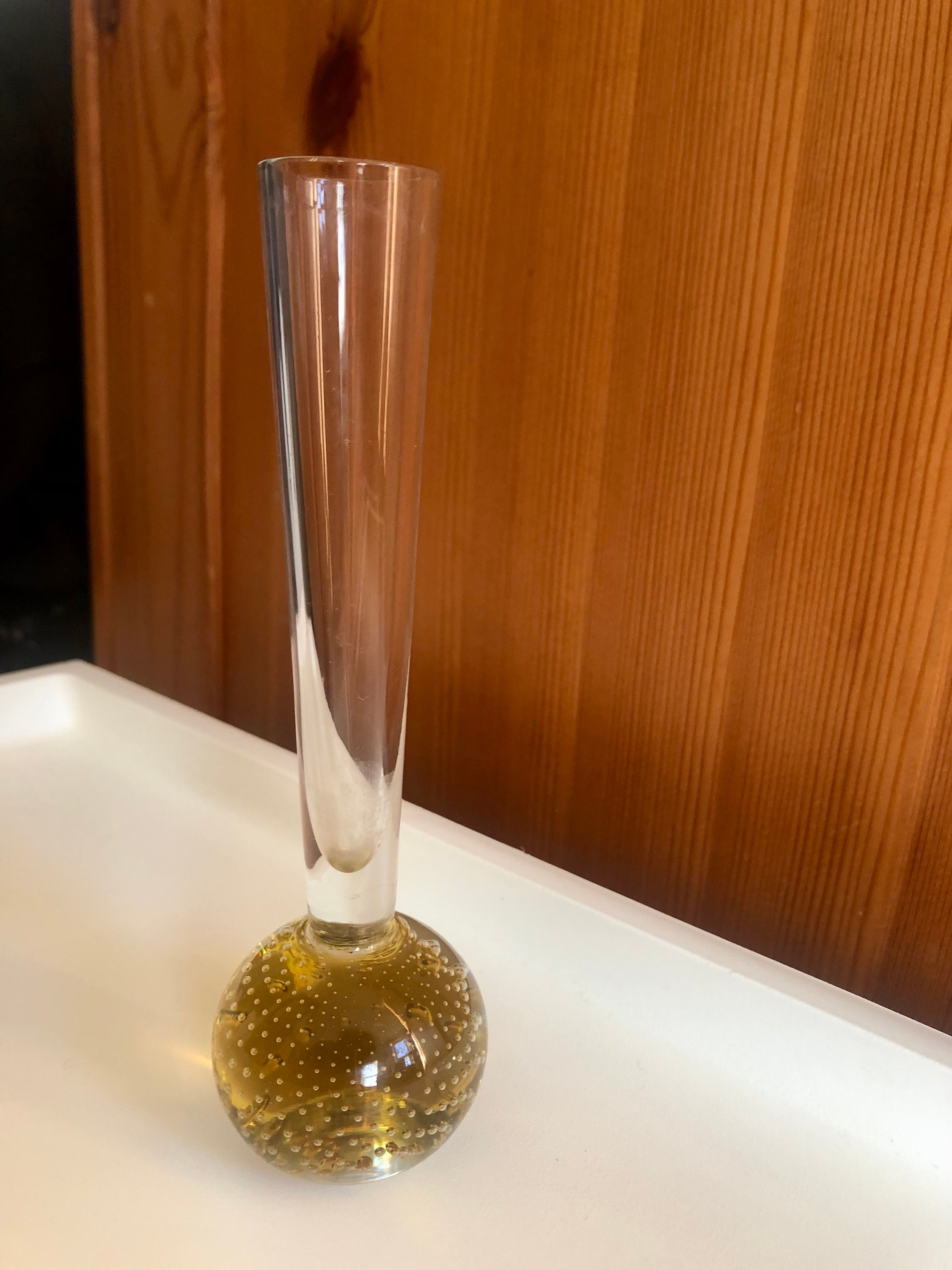 Vintage Single Stem Vase With Round, Amber, Controlled Bubbles Base - Etsy
