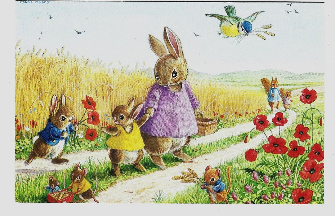 RACEY HELPS, the CORNFIELD, Vintage Artist Postcard, Rabbit Family on a ...