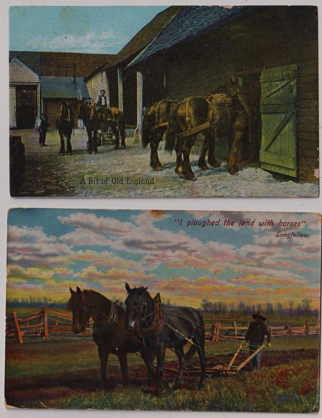 RURAL LIFE, HORSES, Plough, Farmer, Barn, Lot of 2, Delightful Antique ...