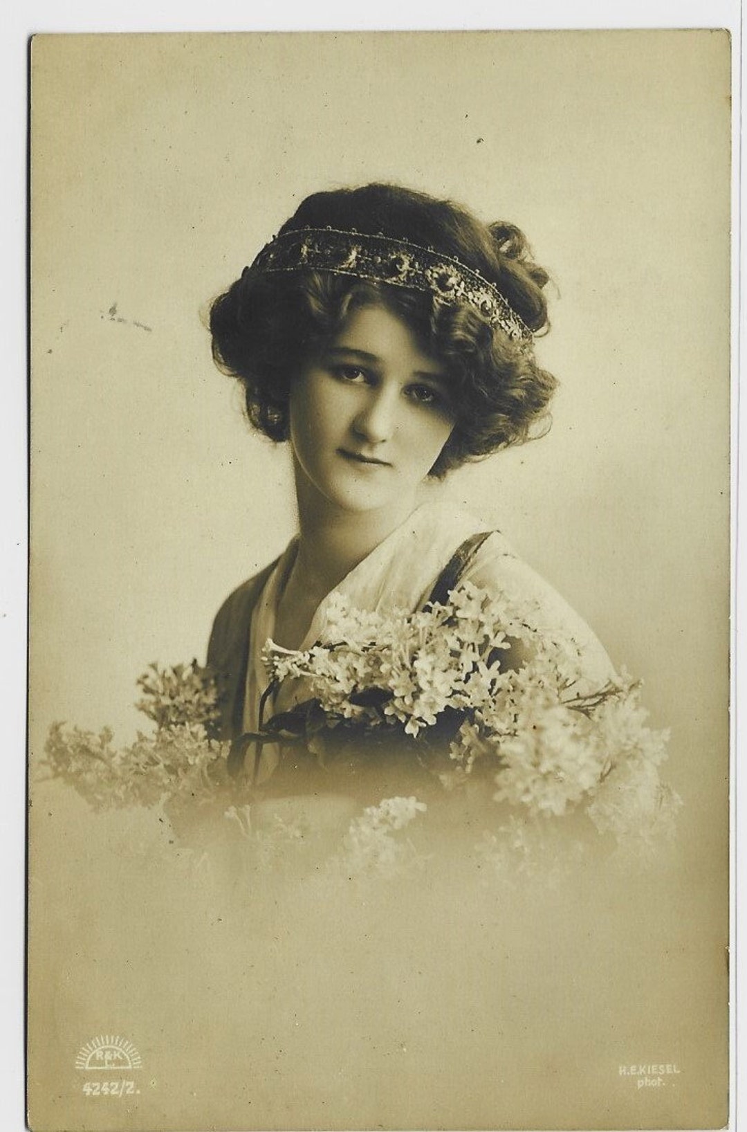 Antique 1910 Glamour Postcard: Young Woman With Flowers and Headband ...
