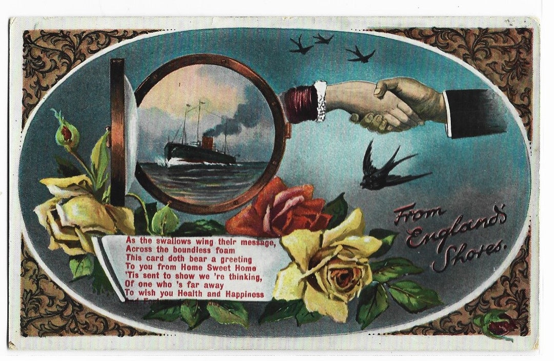 CLASPING HANDS, Steam Ship, Roses, Swallows,from England's Shores ...