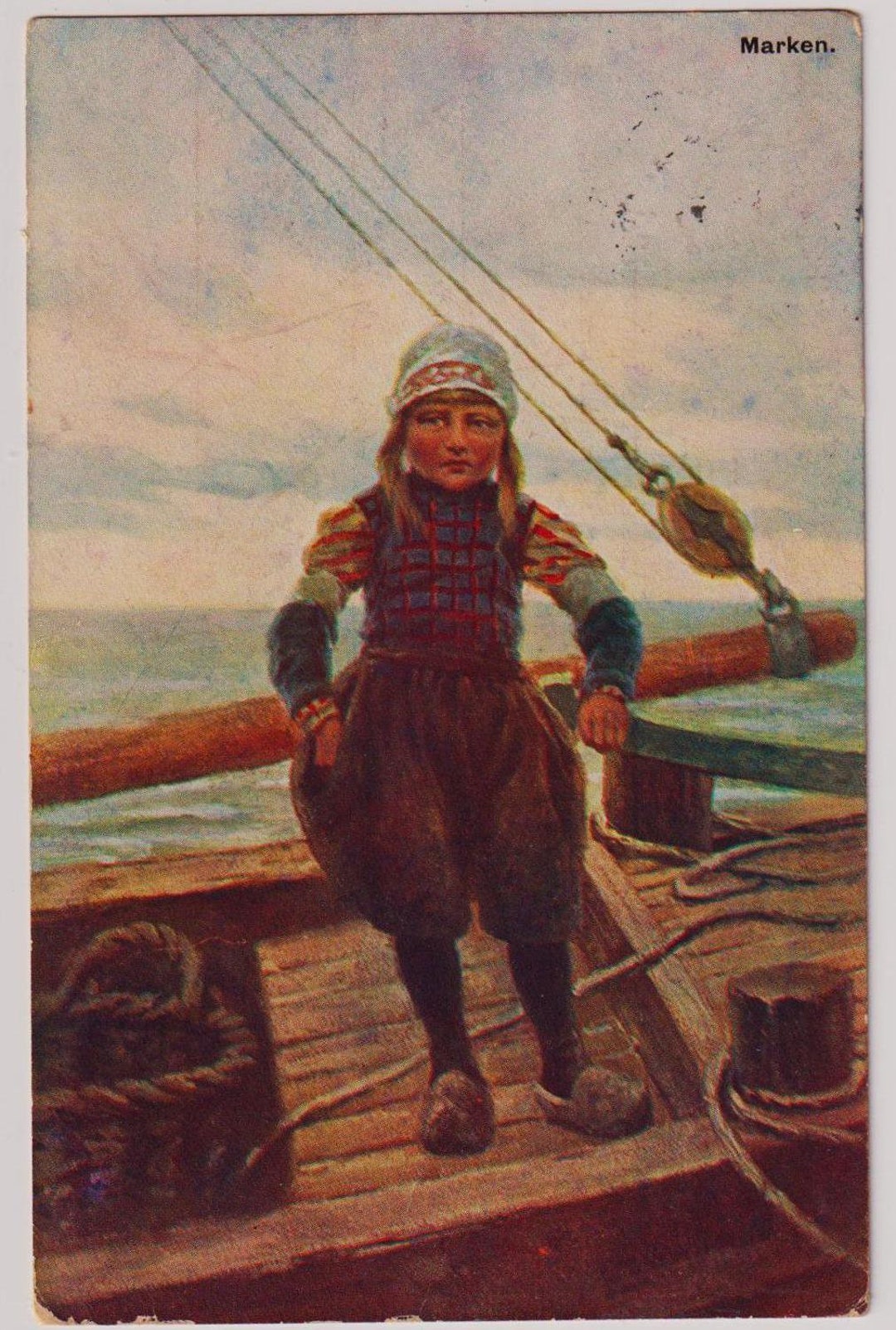 MARKEN, Netherlands, BOY on TRAWLER, Antique Artist Postcard ...