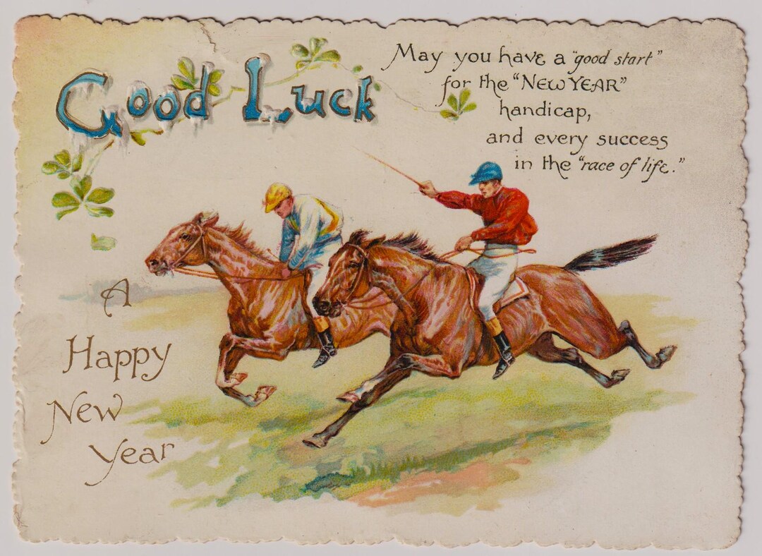 HORSES, RACING, JOCKEYS, Victorian New Year Card/ephemera/scrap, Ernest ...