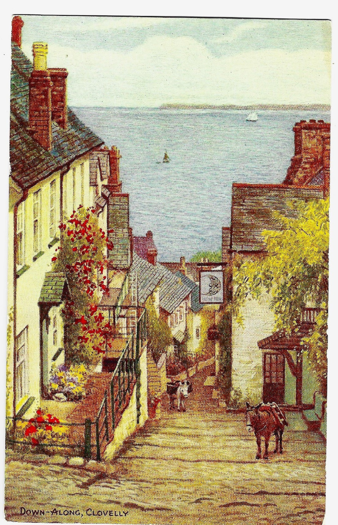 CLOVELLY, Down-along, DONKEY Transport, New Inn, DEVON, Vintage Artist ...