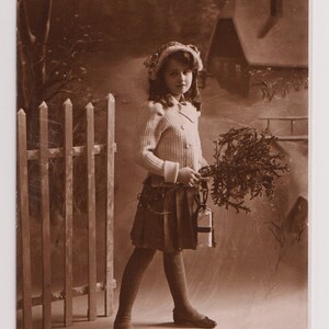 Little GIRL With Pine Tree and Gift, Winter Fashions, Vintage British Real Photo Christmas ...