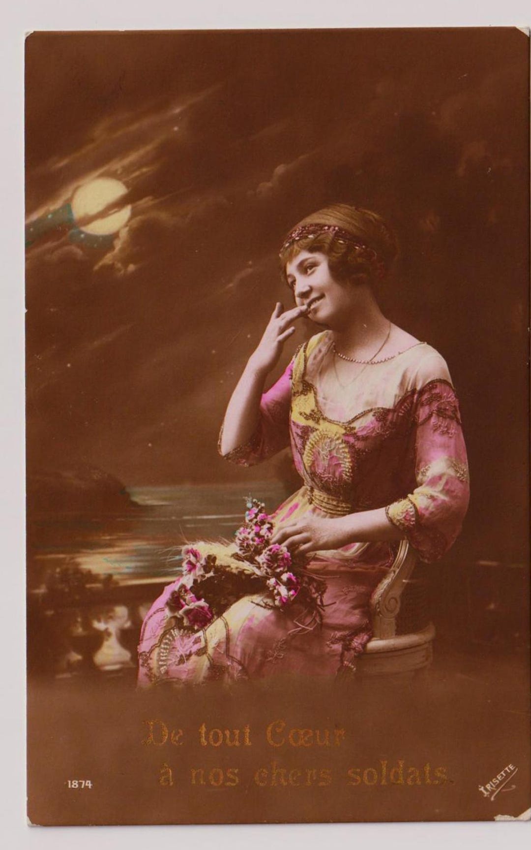 Glamourous Woman, Flowers, Full MOON, Antique WW1 French GLAMOUR ...