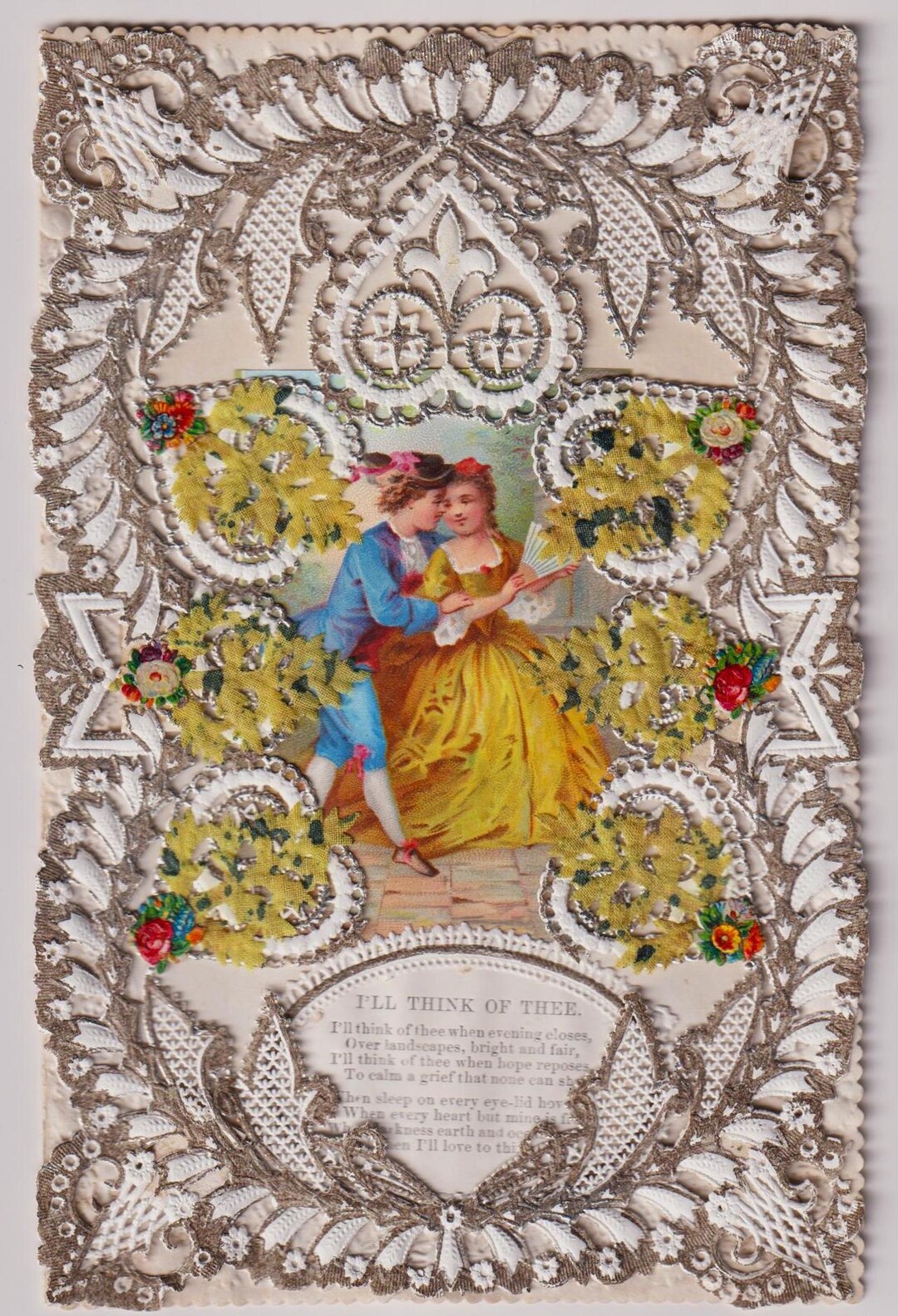 Antique Victorian Paper Lace Valentine Card - 'I Think of Thee ...