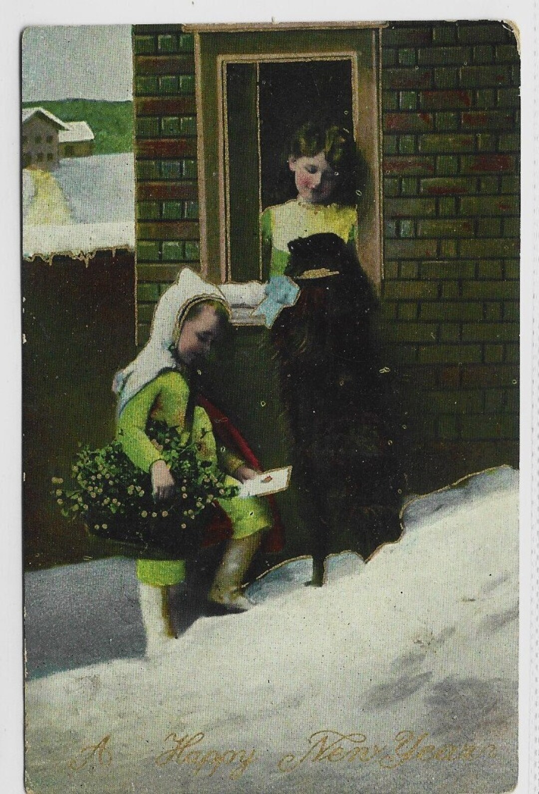 CHILDREN and Black DOG, Delivering Letter and Flowers, Snow, Vintage New Year Postcard, C1910 - Etsy