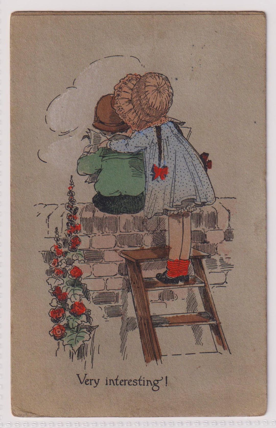 Antique Artist Postcard: Boy and Girl on Wall, C W Faulkner, 1918 - Etsy