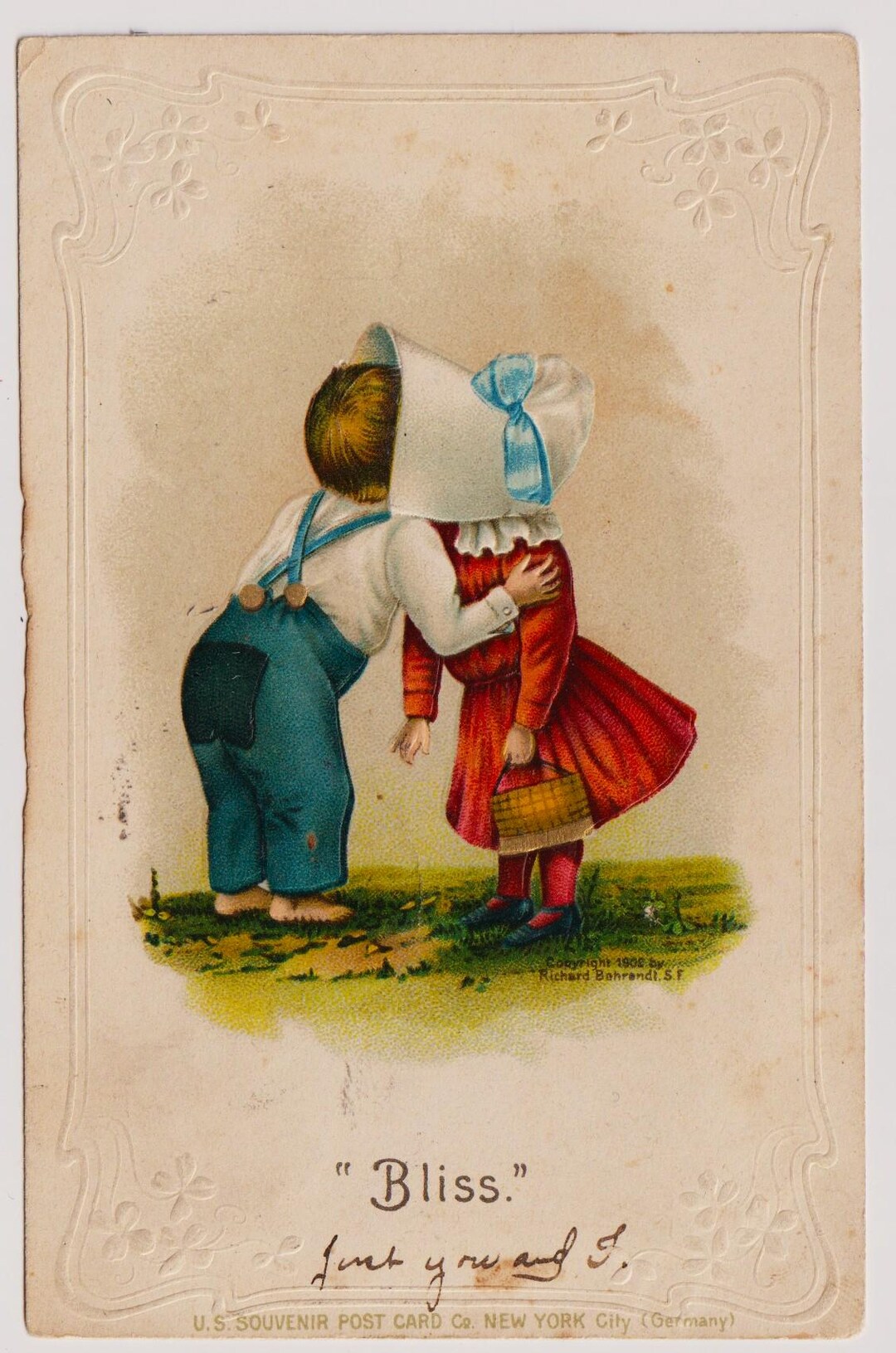 Antique Artist Postcard, BLISS, Boy Kisses Girl in SUN BONNET, Richard ...