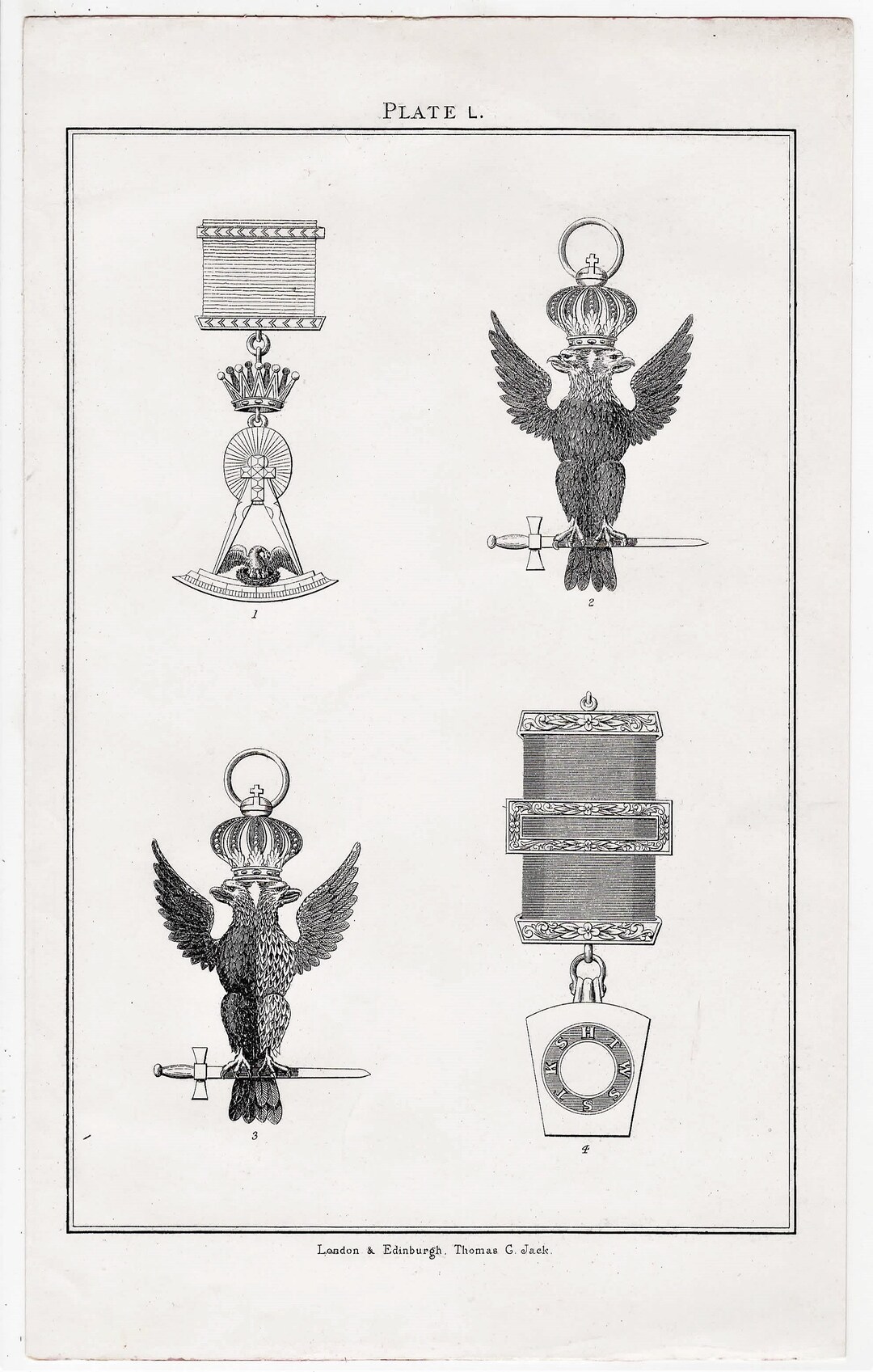 Victorian Antique Print, FREEMASONRY, JEWELS, Plate L, Thomas C Jack ...