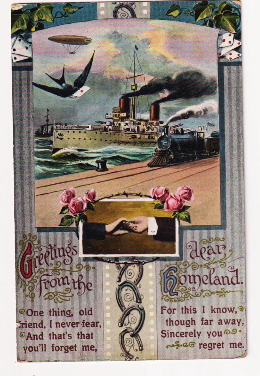 Battleship SHIP, TRAIN, Clasping HANDS, Zeppelin, Swallow Carrying Letter,greetings From the ...