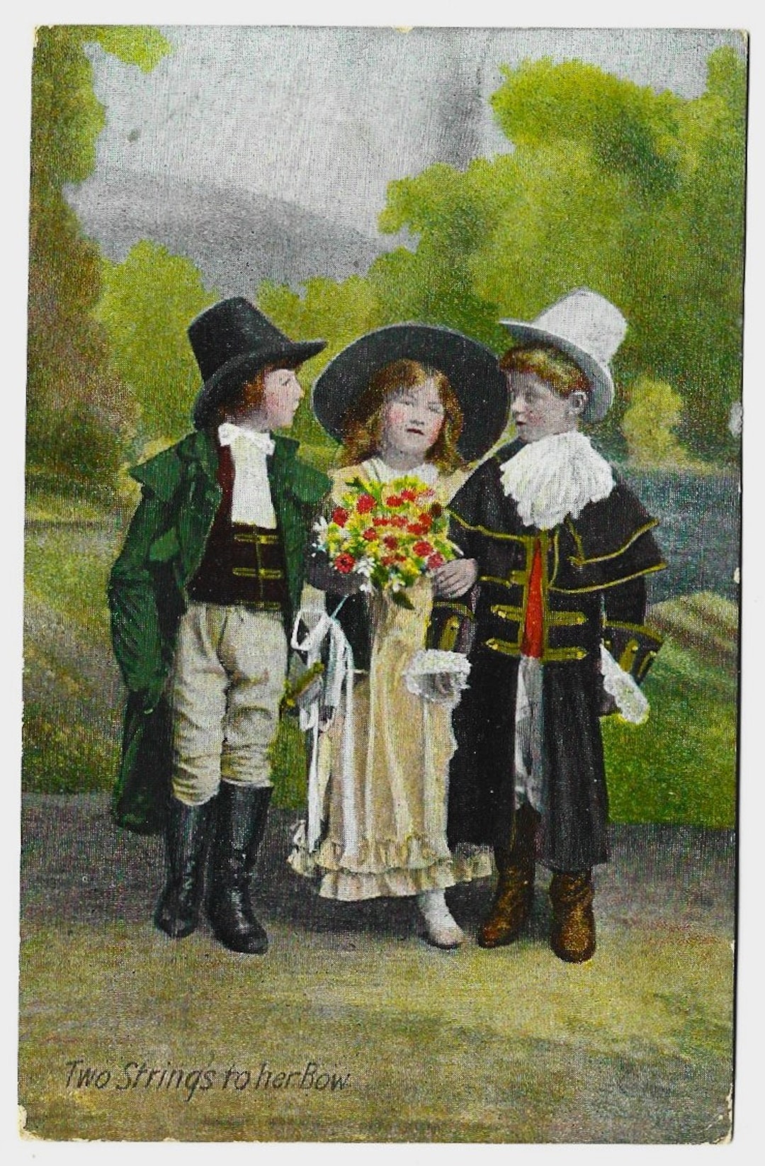 Two Strings to Her Bow, Little GIRL With Two BOYS, Vintage Postcard ...