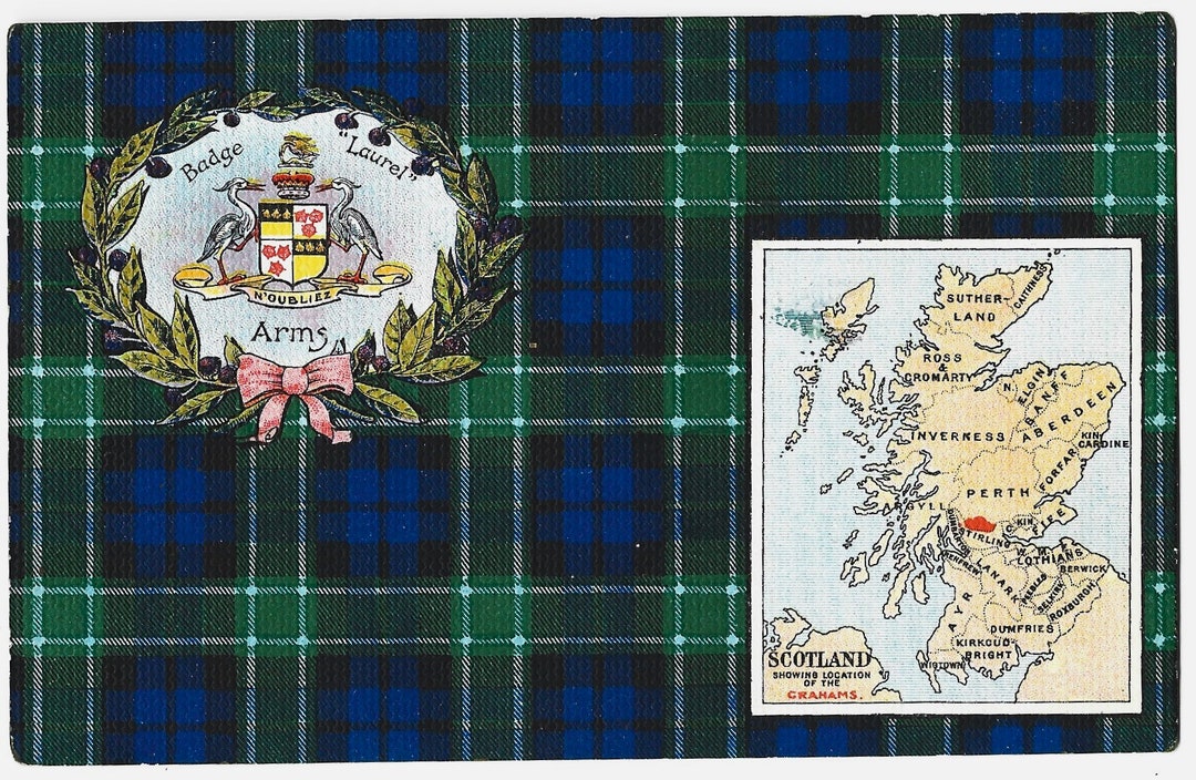 GRAHAM, Tartan, Clan Map, Coat of Arms, Vintage SCOTTISH Postcard, W ...