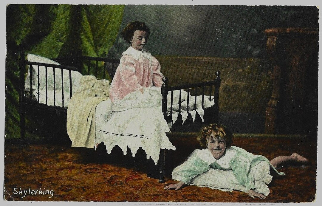 SKYLARKING, CHILDREN Playing at BEDTIME, Antique Postcard, Posted in ...