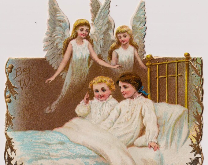 ANGELS and CHILDREN in Bed, Victorian Christmas Greetings Folded Card ...