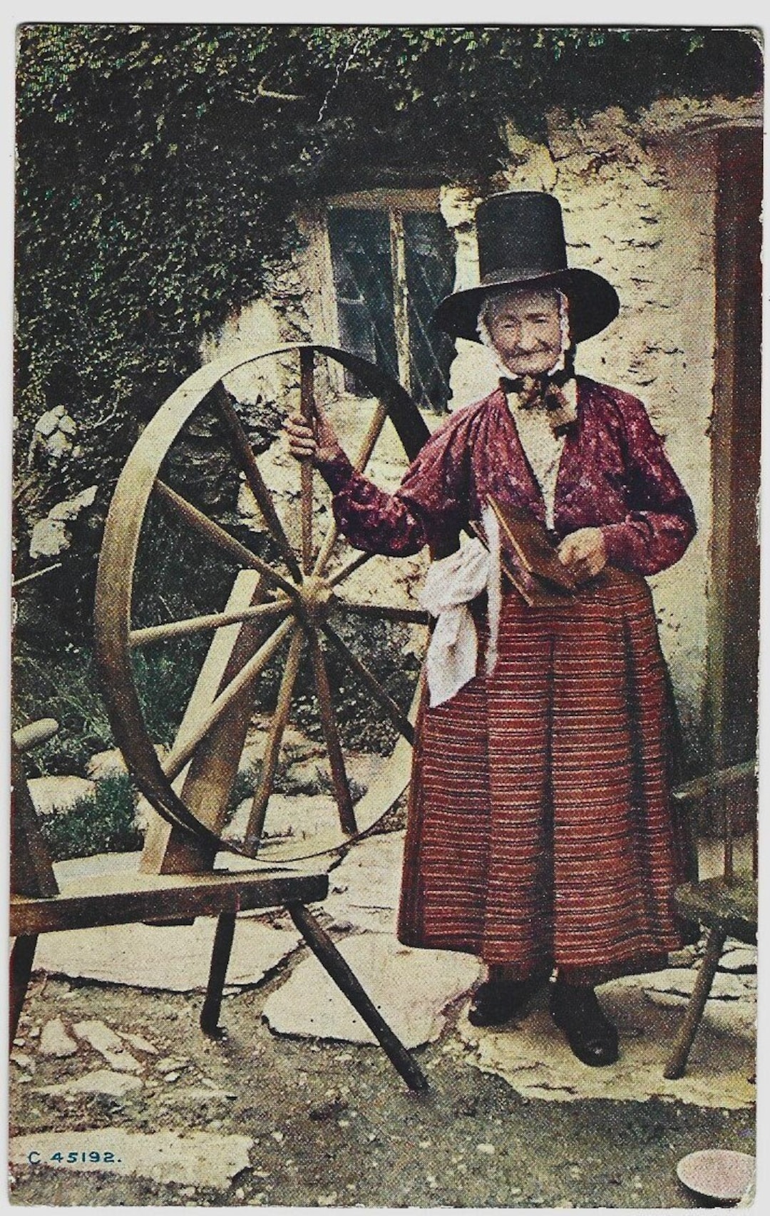 WELSH Older Lady With Her SPINNING WHEEL, She is Holding Hand Carders ...