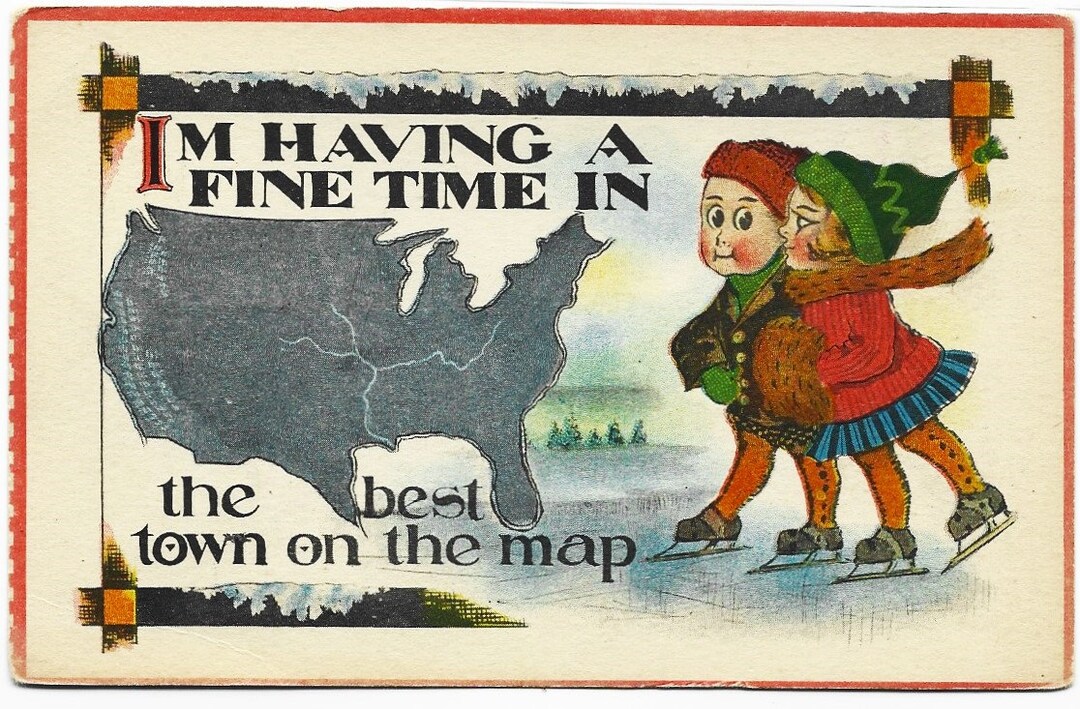 CHILDREN ICE SKATING, Map of the U.S.A., Having a Fine Time, Vintage ...