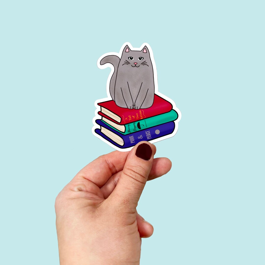 Grey Cat on a Stack of Books Sticker |free Shipping | Hydroflask | Cat ...